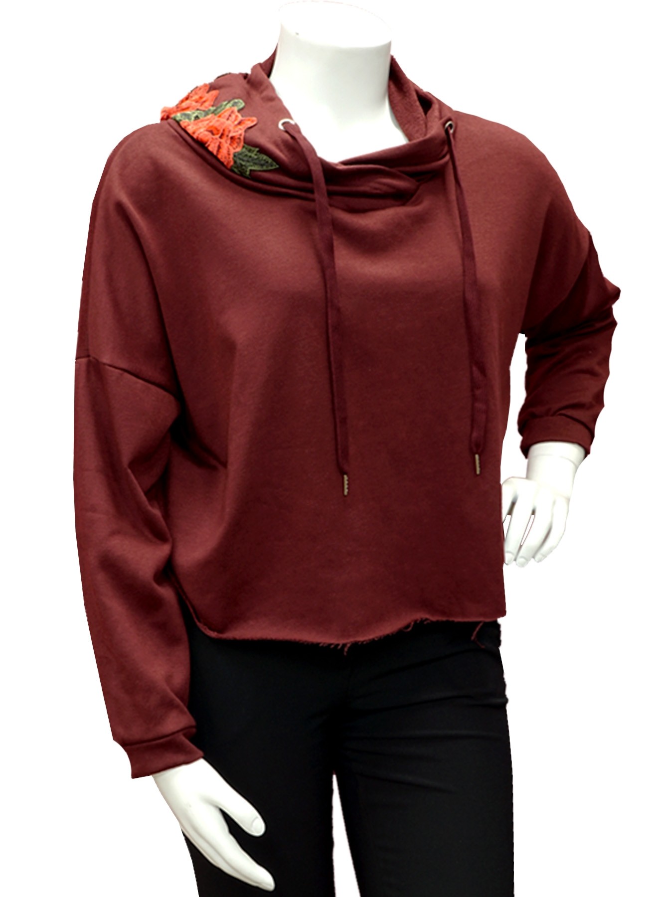 Embroidered Rose Applique Hoodie Drawstring French Terry Lining Plus
